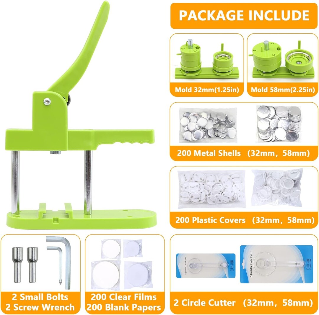 Button and Badge Maker Kit: 32mm and 58mm Includes 200 Accessories ...