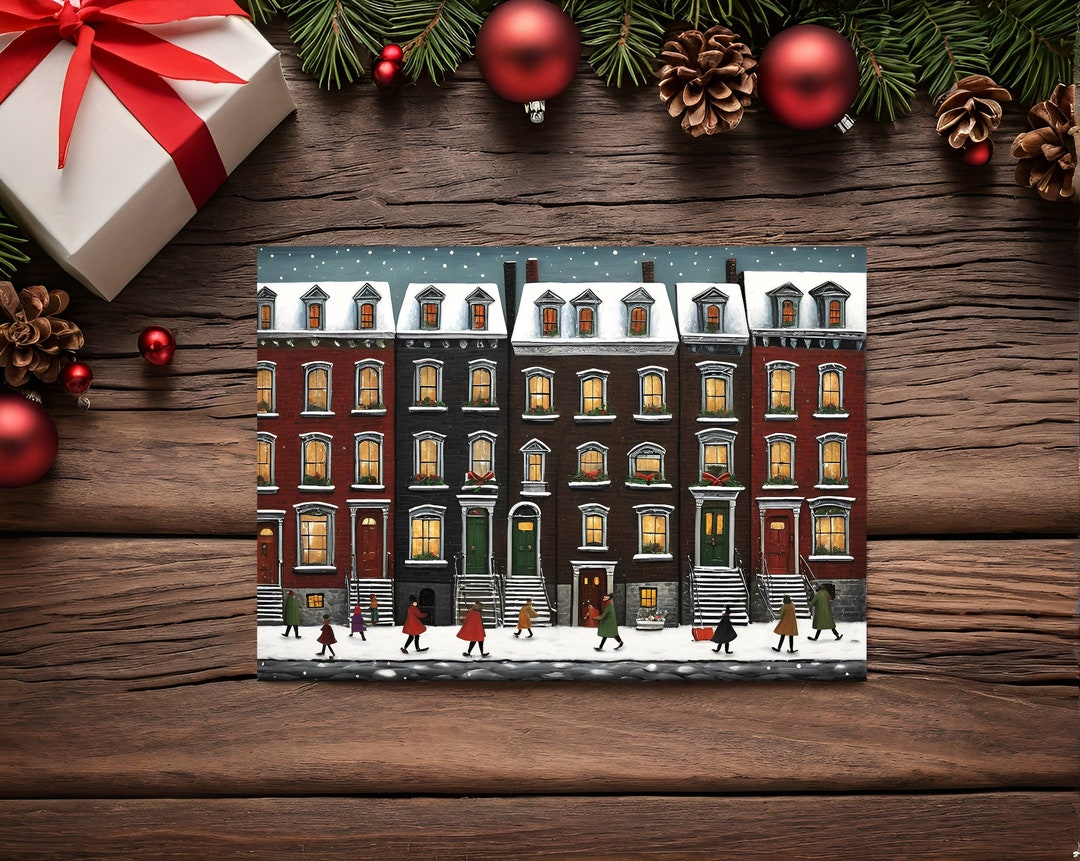 Christmas Card, Vintage Card, Brownstones, Digital Download Christmas ...