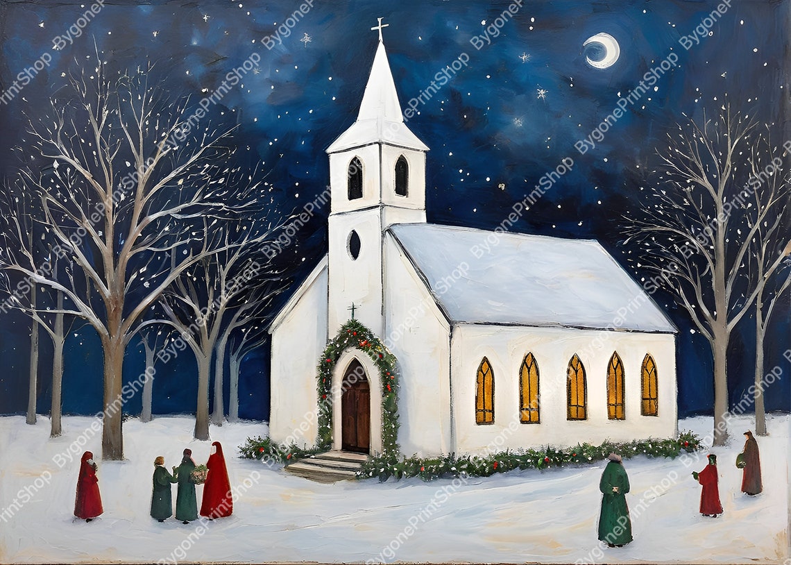 Christmas Card, Vintage Card, Church, Digital Download Christmas Card ...