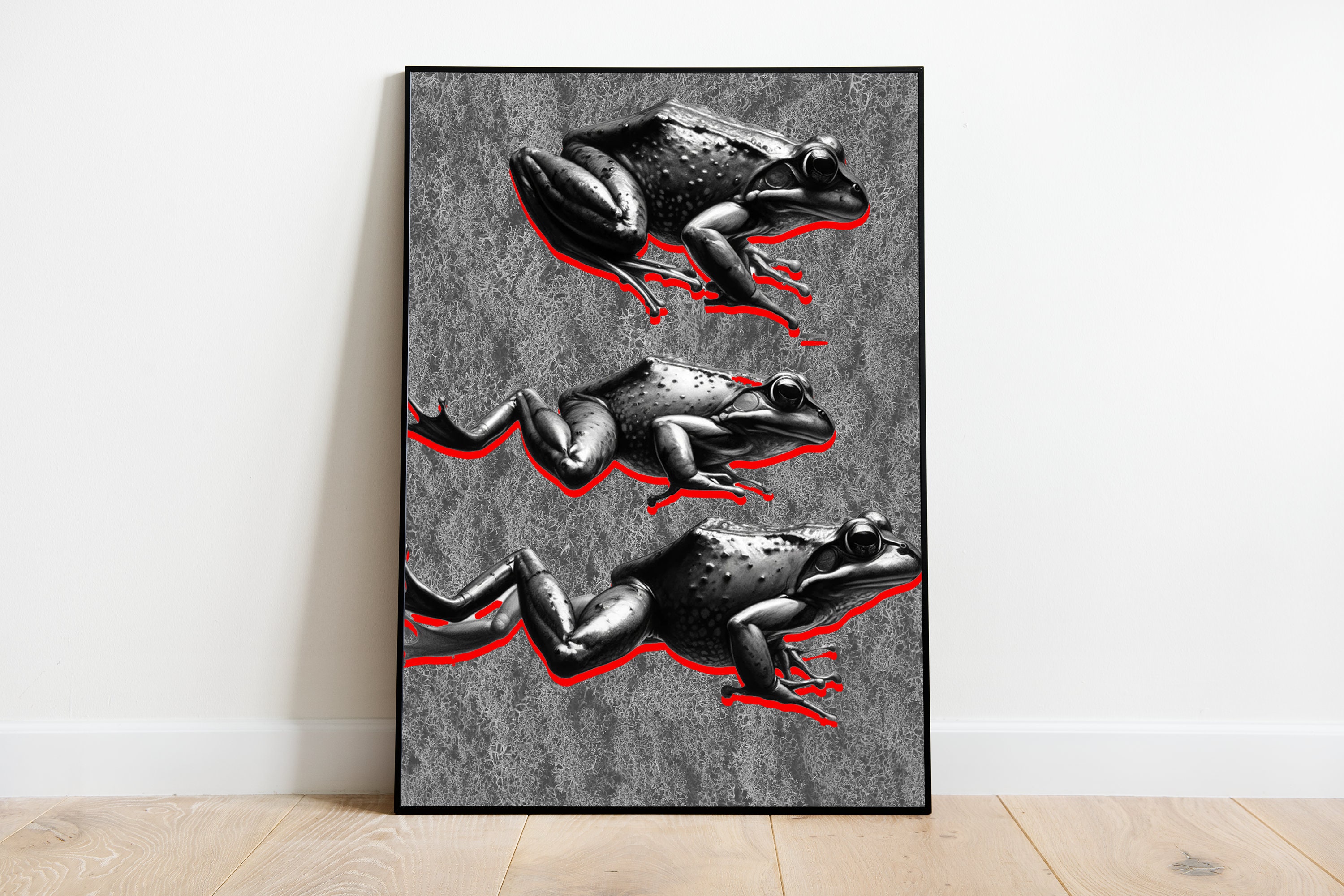 Dynamic Frog Hopping Charcoal Art Poster | Red Highlight - Etsy