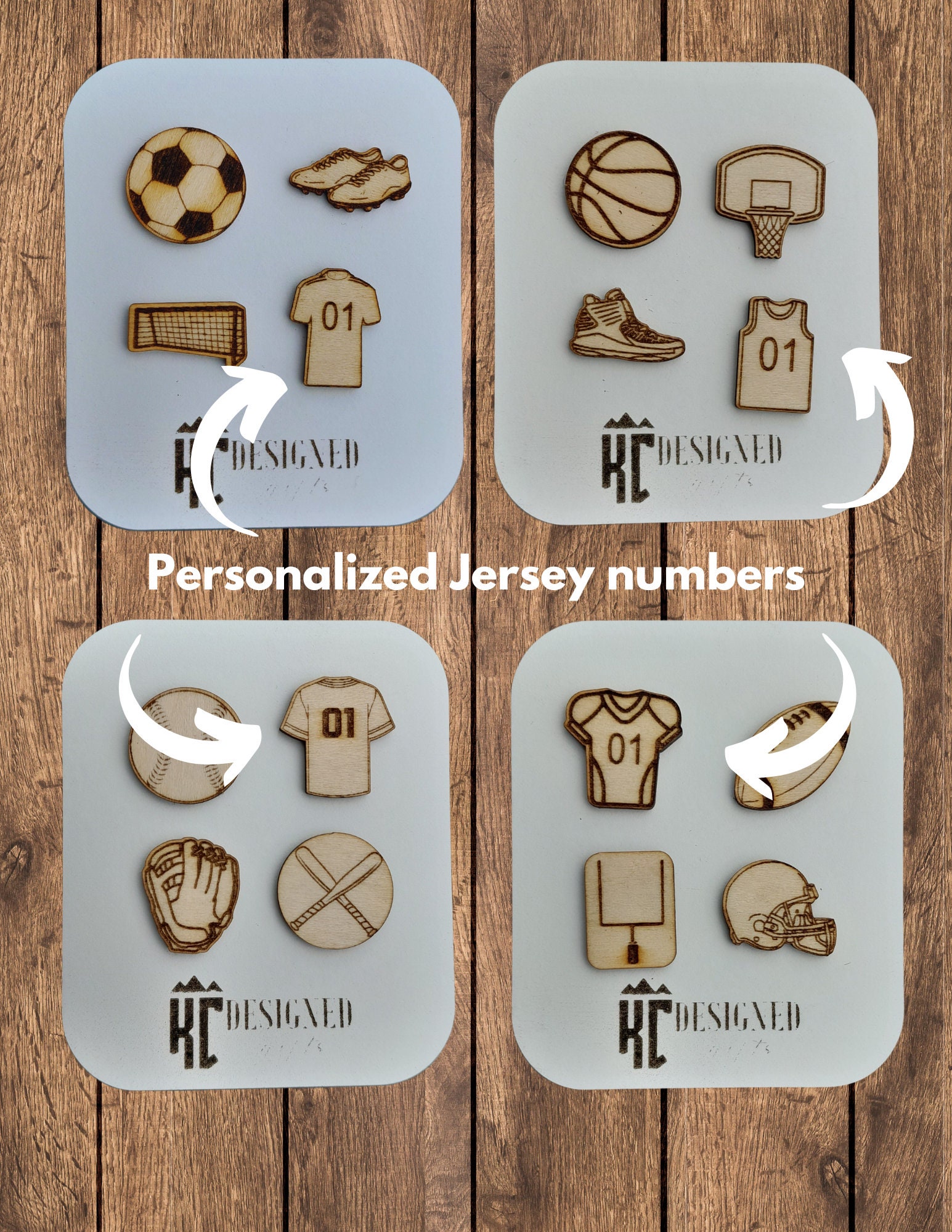 Personalized Sports Theme Wooden Lapel Pins Set of 4, Laser Engraved ...