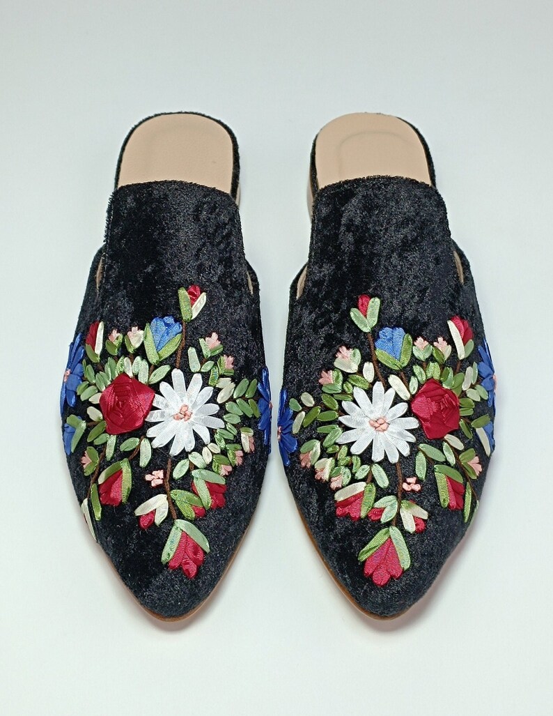 Silk Ribbon Embroidered Mules, Women Velvet Mules, Handcrafted Mules ...
