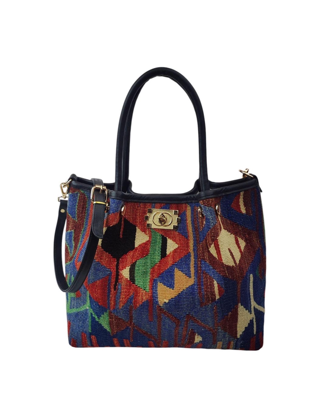 Handwoven Kilim Shoulder Bag: Vintage Turkish Leather Trim, Boho Chic ...