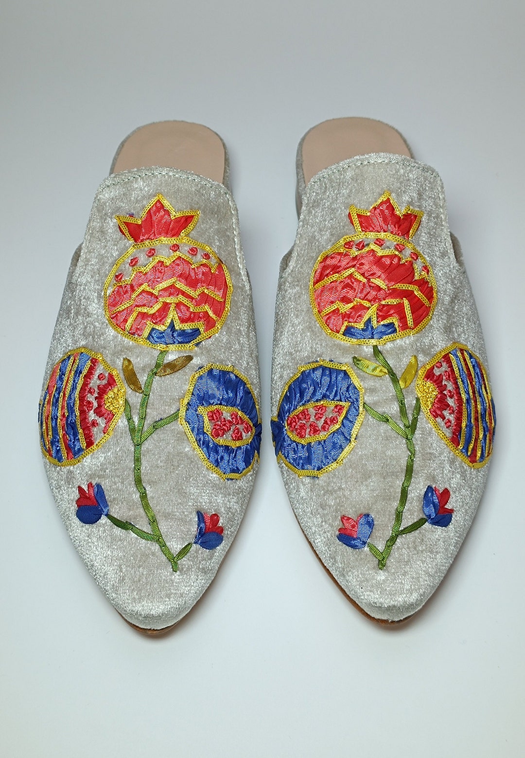 Women Pomegranate Hand Embroidered Silk Ribbon Velvet Mules, Leather ...