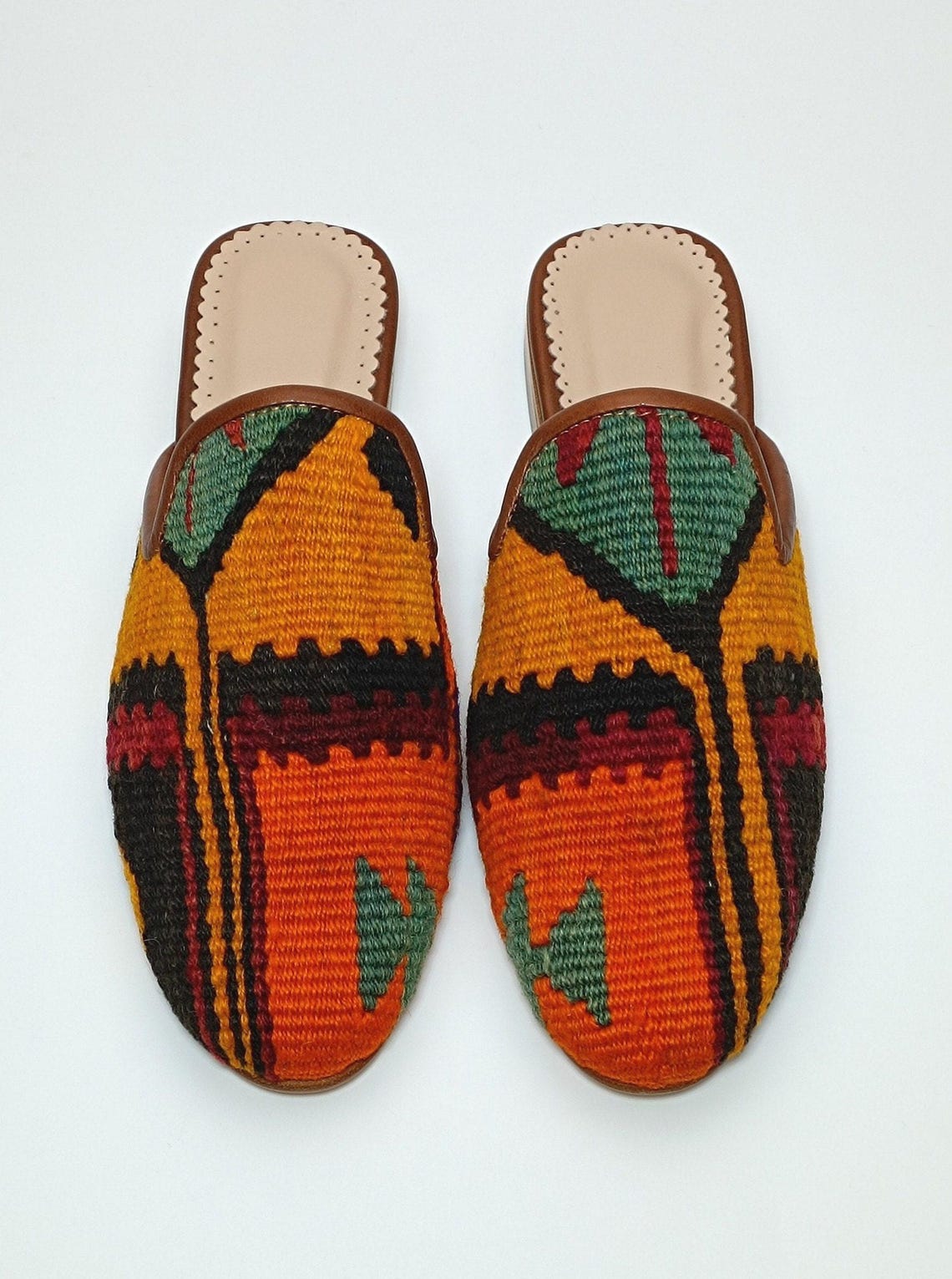 39 EU/ 9 US/ 7 UK Handwoven Kilim Mules: Women's Vintage Turkish Carpet ...