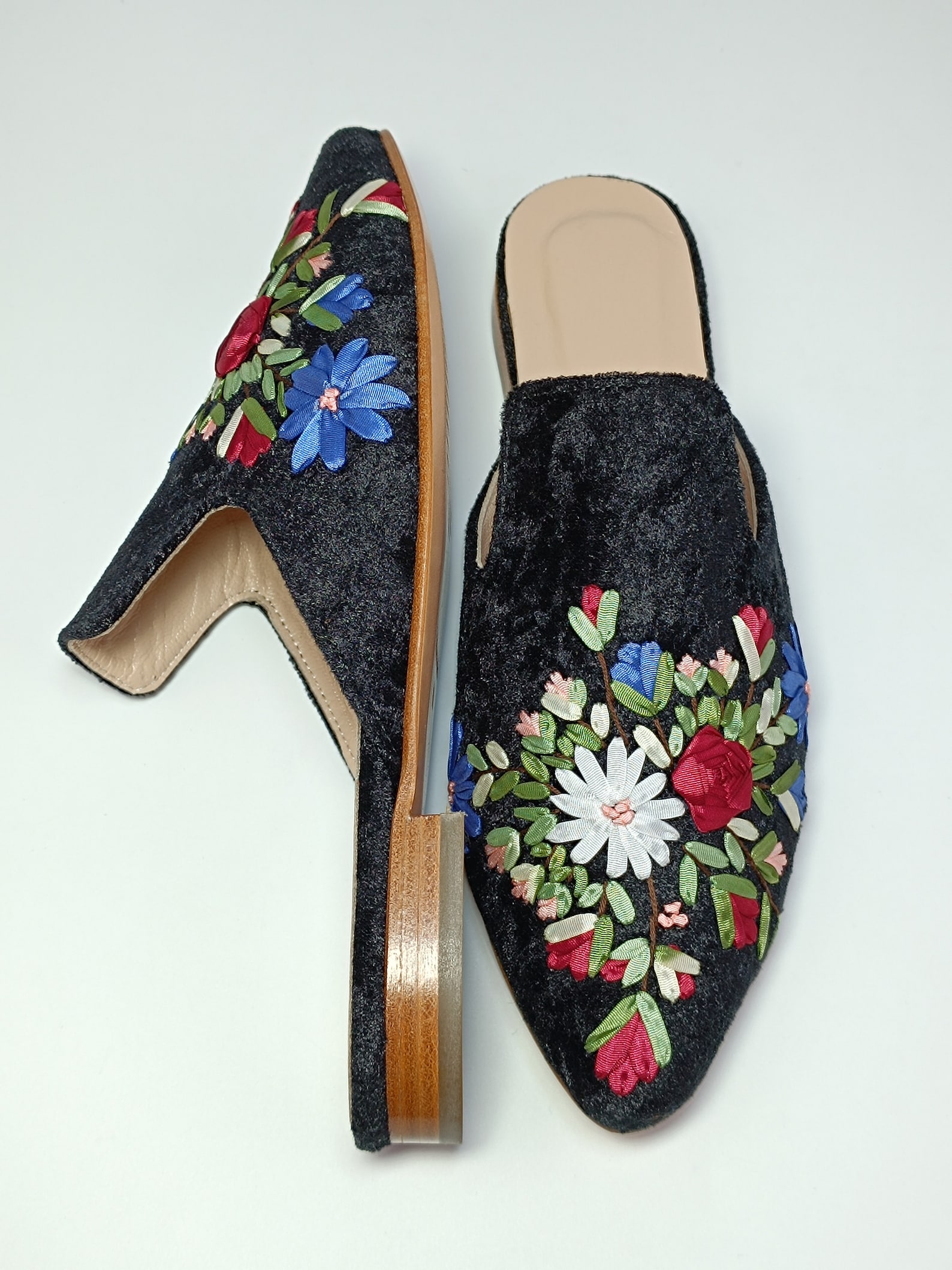 Silk Ribbon Embroidered Velvet Mules: Handcrafted Pointy Toe Shoes - Etsy