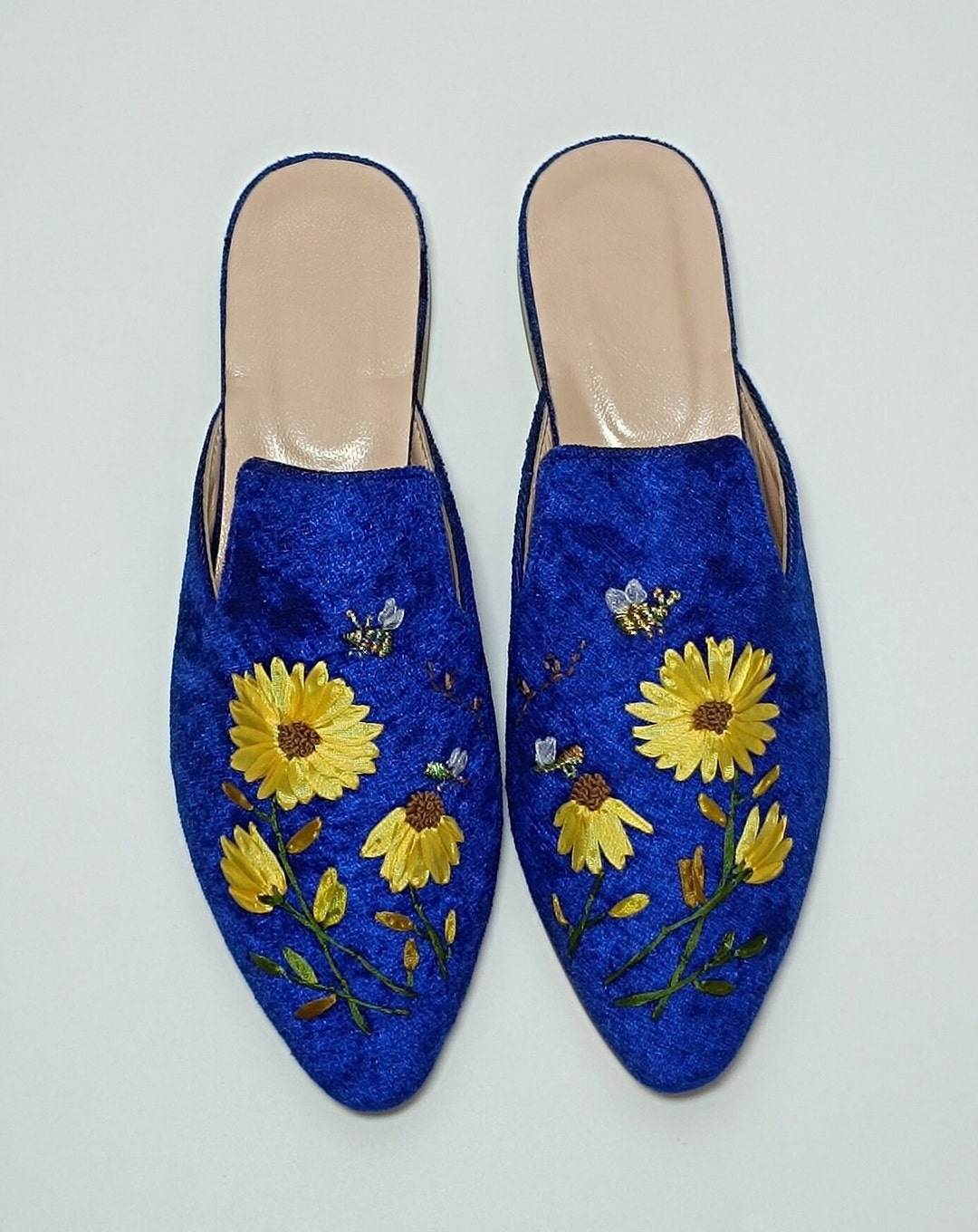 Silk Ribbon Embroidered Velvet Mules, Velvet Slipper, Ribbon ...