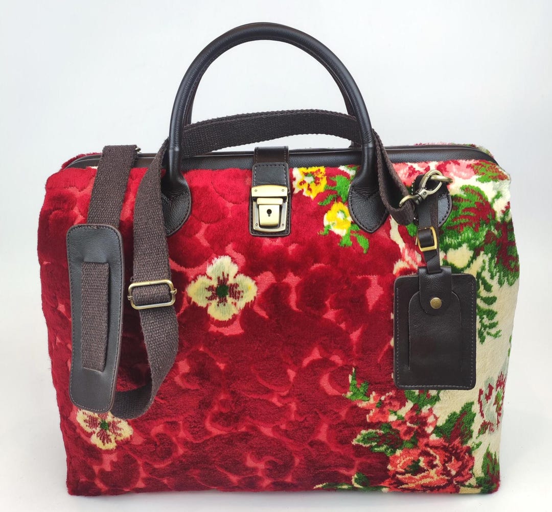 Vintage Turkish Velvet Weekender Bag: Leather Trim, Handcrafted ...