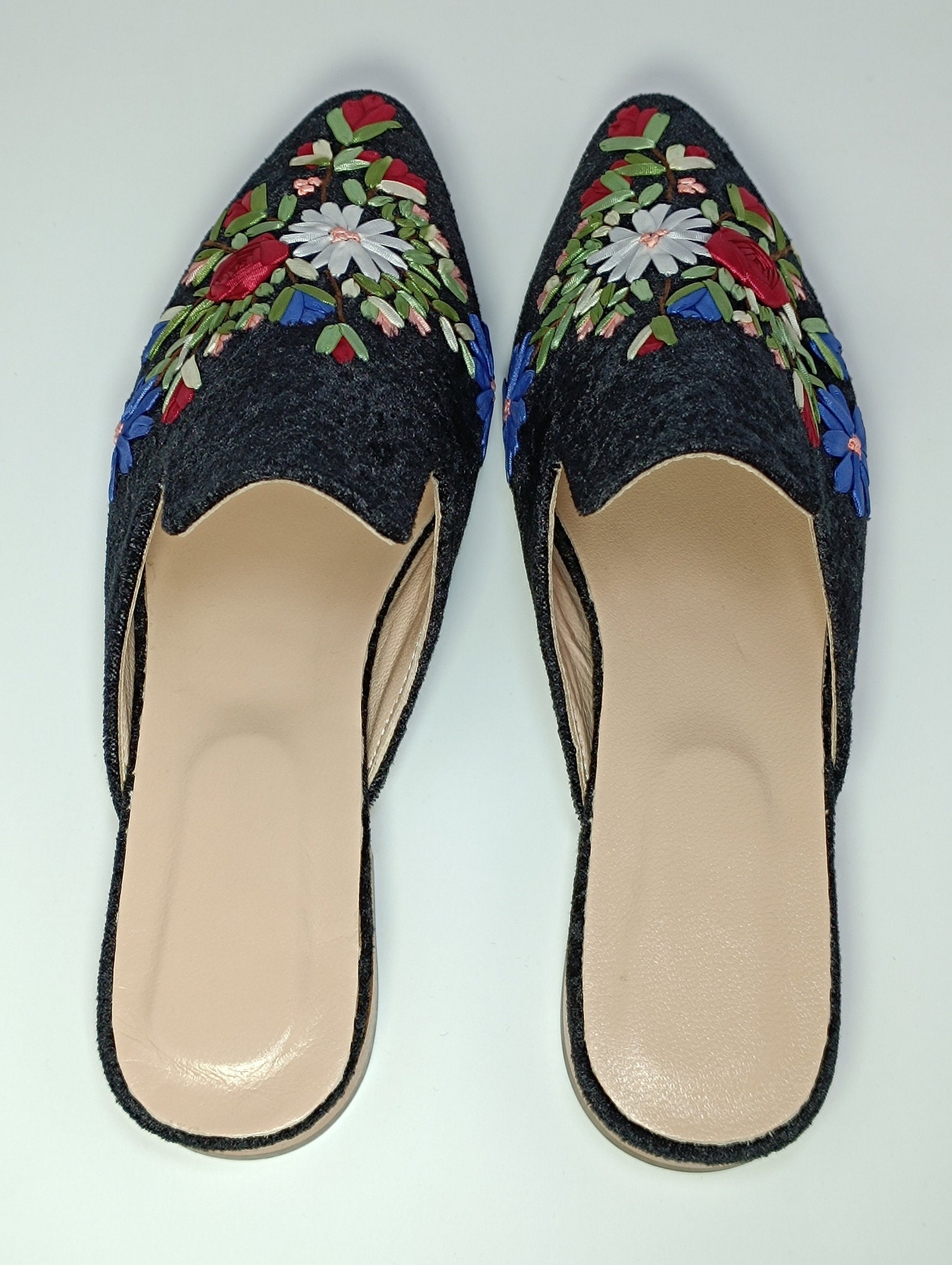 Silk Ribbon Embroidered Mules, Women Velvet Mules, Handcrafted Mules ...