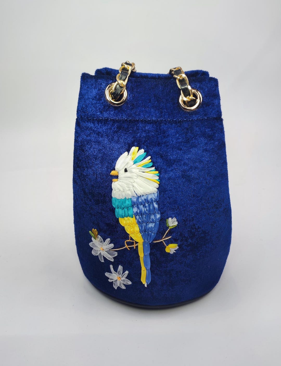 Women Silk Ribbon Embroidered Velvet Pouch Bag, Leather Trim Velvet ...
