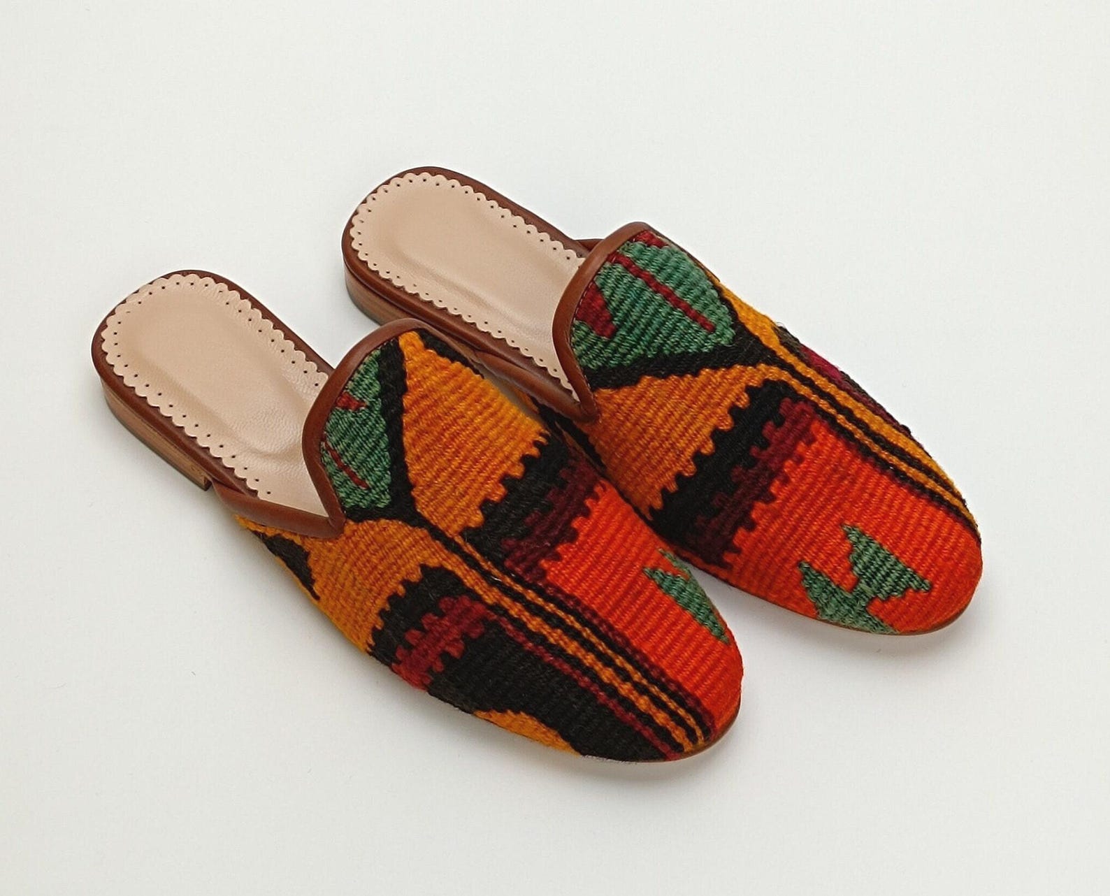 39 EU/ 9 US/ 7 UK Handwoven Kilim Mules: Women's Vintage Turkish Carpet ...