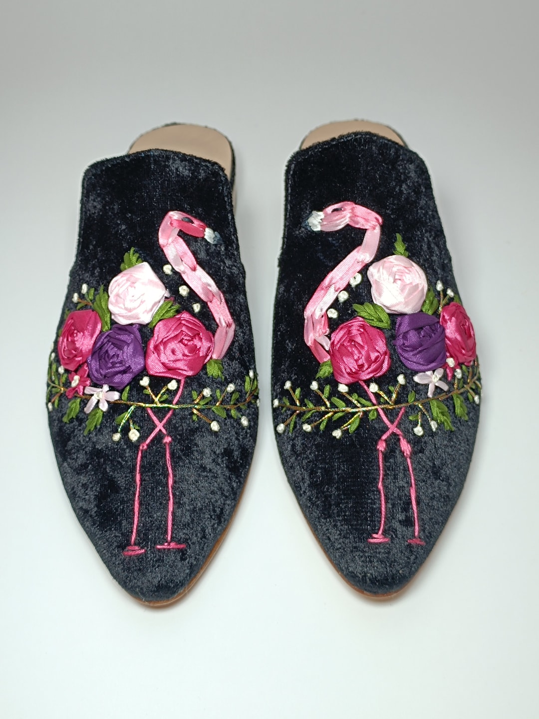 Silk Ribbon Embroidered Women's Mules, Hand Embroidered Velvet Slipper ...
