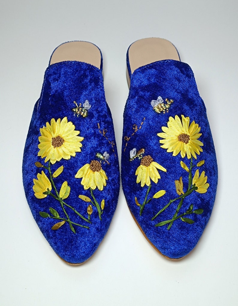 Silk Ribbon Embroidered Velvet Mules, Velvet Slipper, Ribbon ...