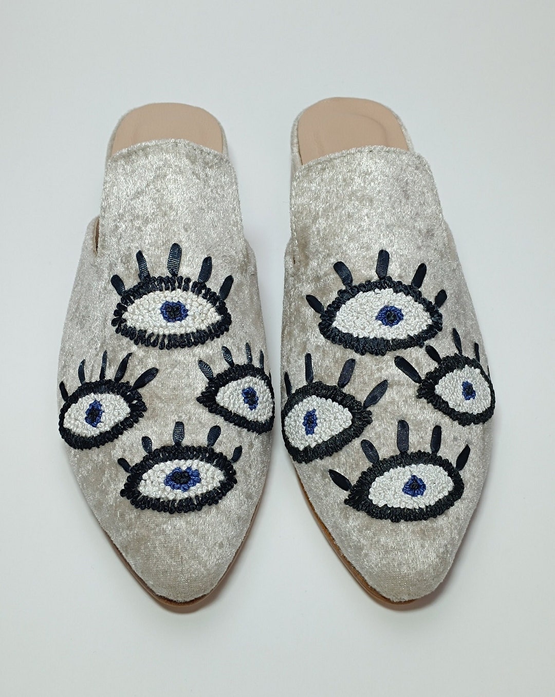 Women Hand Embroidered Silk Ribbon Velvet Mules, Hand Embroidery Shoes ...