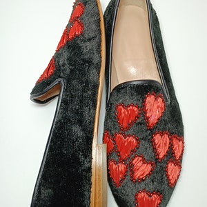 Heart Hand Embroidered İkat Fabric Loafer 40EU(10US), İkat Velvet Shoes ...