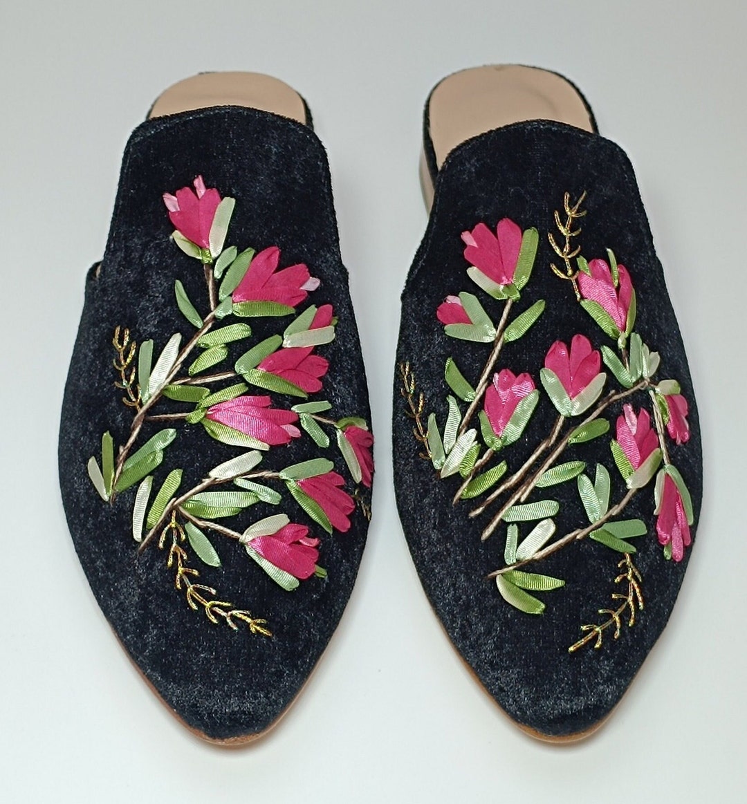 Handcrafted Velvet Mules: Women's Silk Ribbon Embroidered Slippers - Etsy