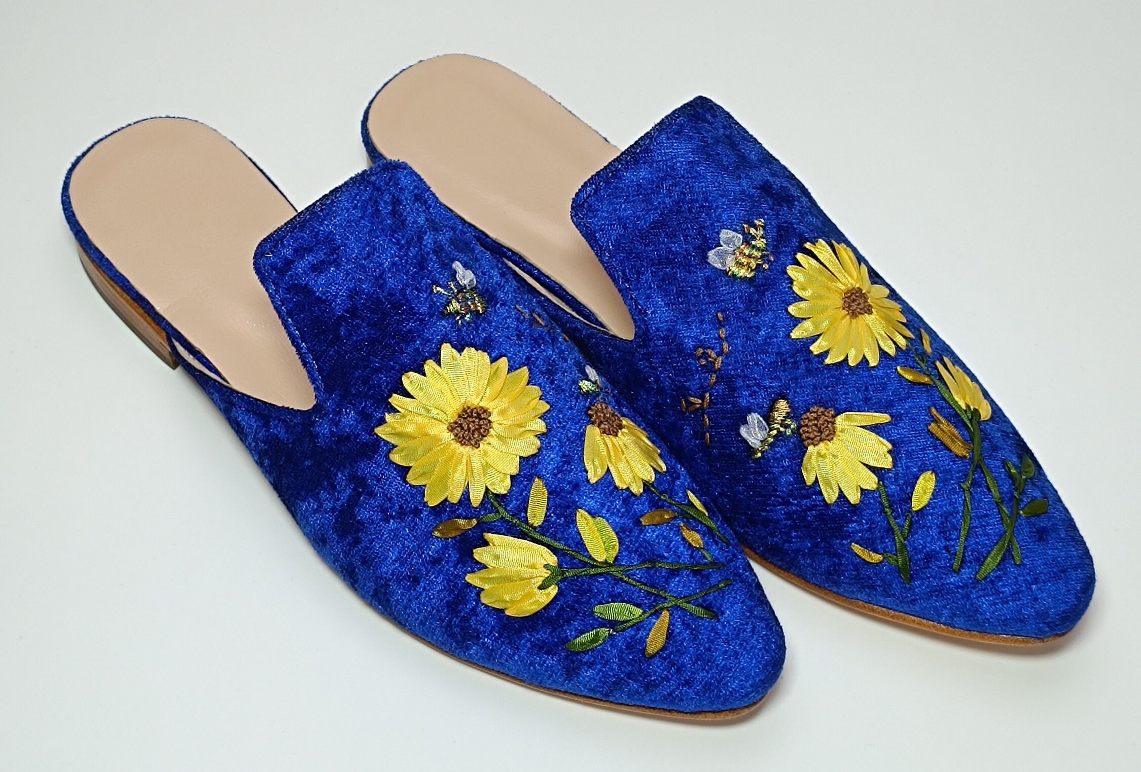 Silk Ribbon Embroidered Velvet Mules, Velvet Slipper, Ribbon ...