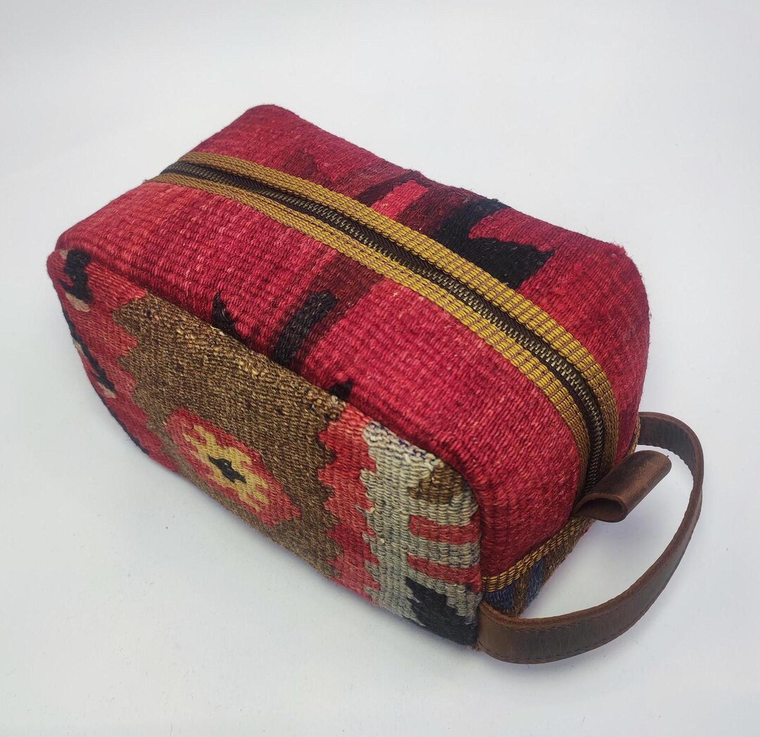 XL Dopp Kit Bag, Original Handknotted Vintage Kilim Toiletry Bag, One ...