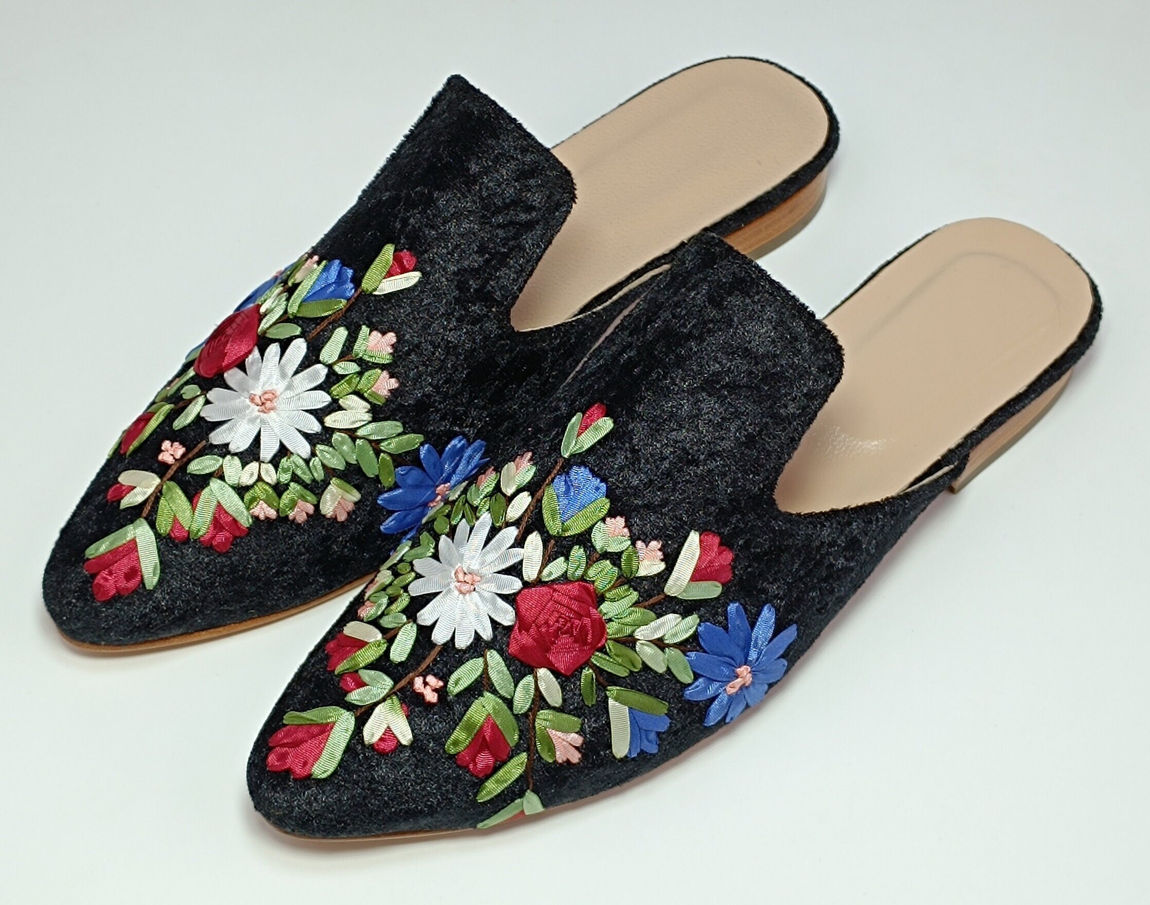 Silk Ribbon Embroidered Mules, Women Velvet Mules, Handcrafted Mules ...