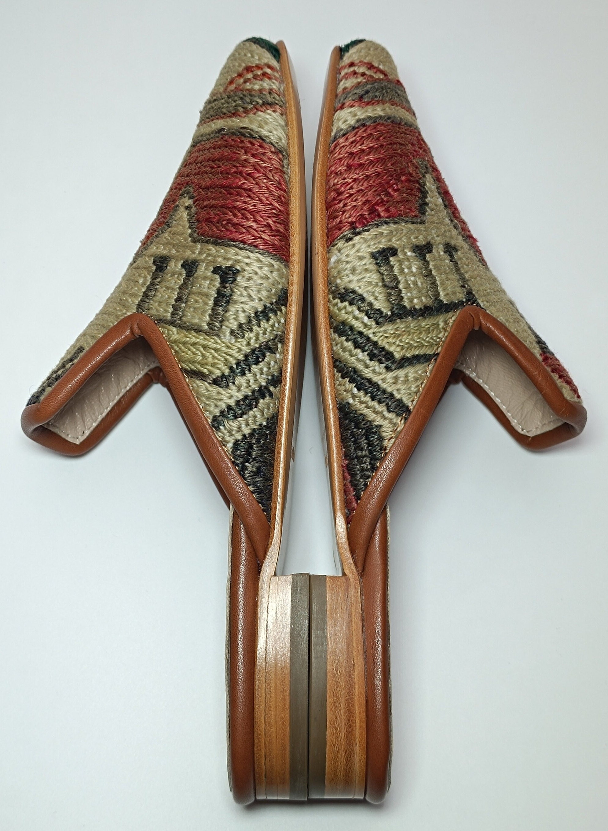 Sumak Kilim Mules 38EU8US, Leather Sole Slipper, Women Kilim Shoes ...
