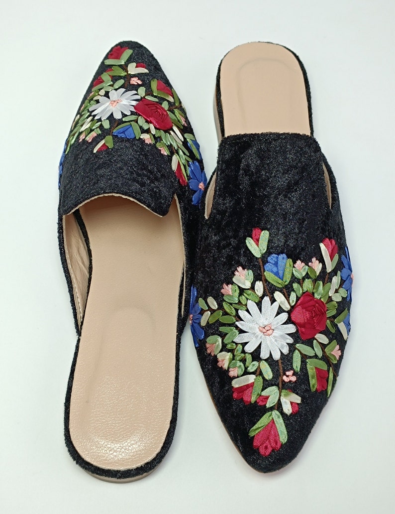 Silk Ribbon Embroidered Mules, Women Velvet Mules, Handcrafted Mules ...