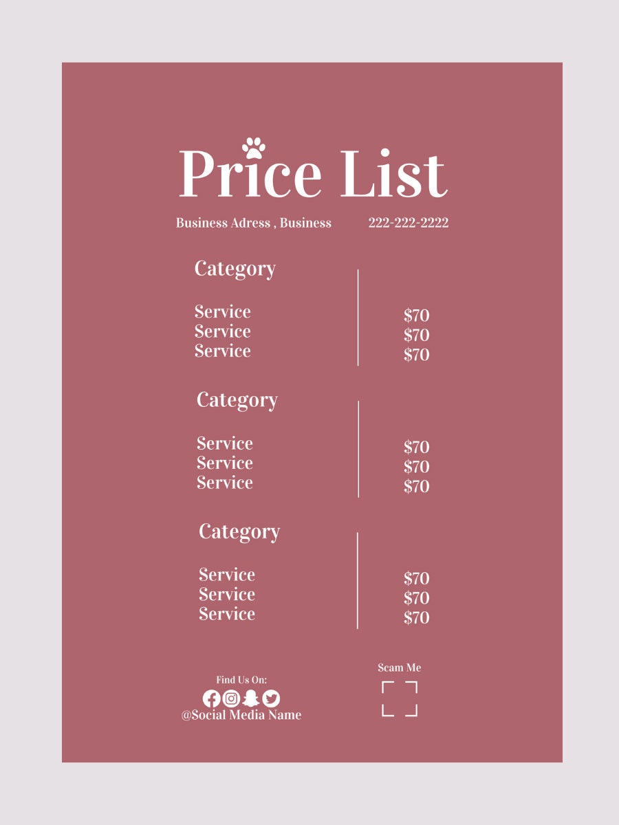Minimalist Business Price List Digital Download Created With Pet ...