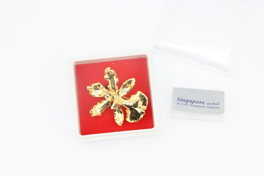 Singapore 22K Gold Plated Orchid Brooch Pin in Case Collectible ...
