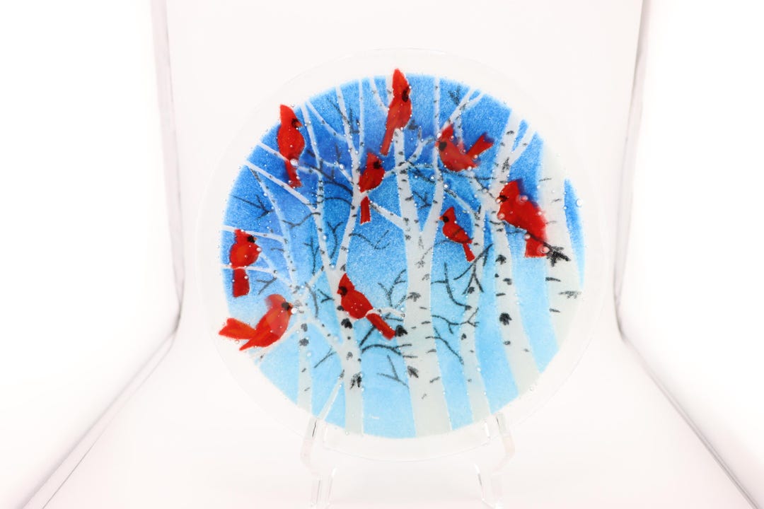 Vintage Peggy Karr Fused Glass Winter Cardinals 8 Round Bowl/dish ...