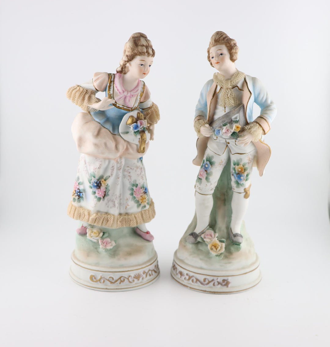 Pair of Bisque Porcelain Victorian Figurines Lace Work, Floral Work ...