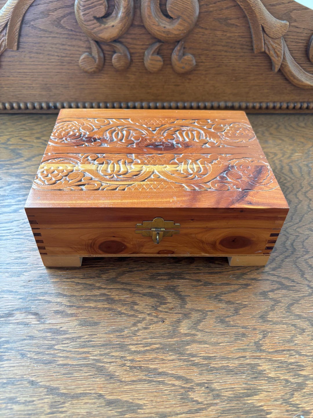 Vintage Cedar Box With Carved Lid and Dovetail Joints Metal Closure in ...