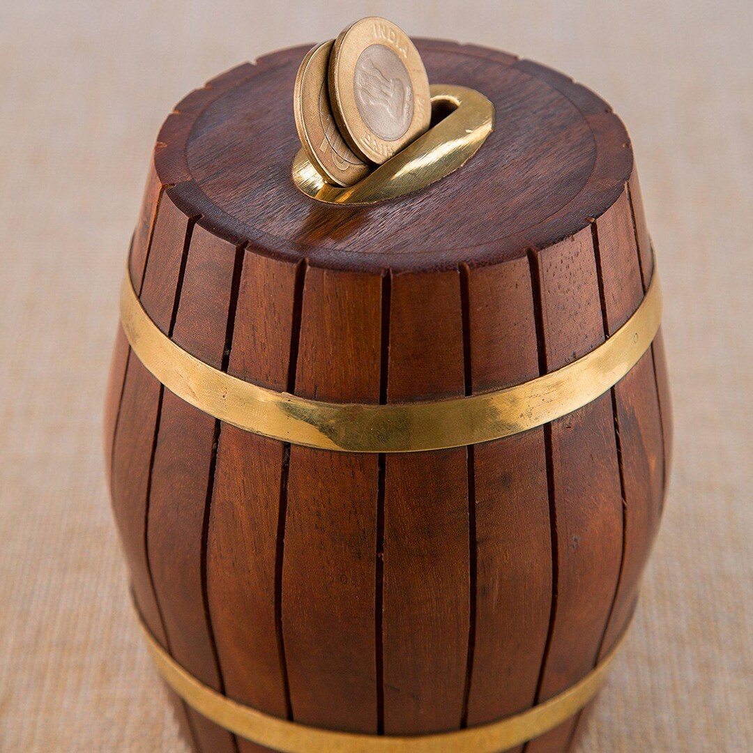 Handmade Wooden Piggy Bank: Barrel Design With Brass Inlay - Etsy