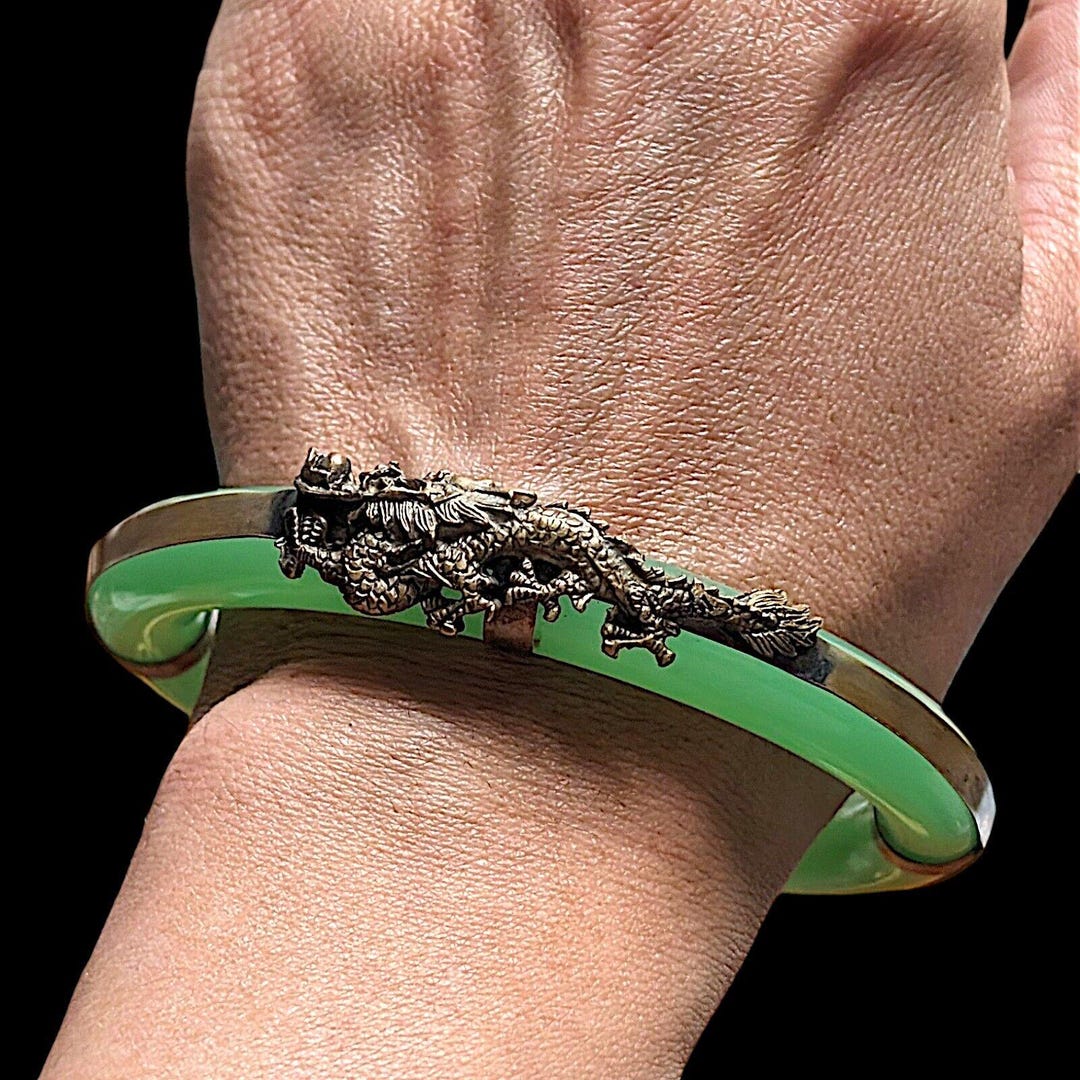 Antique Silver Dragon & Phoenix Jade Gemstone Stone Bangle Bracelet ...