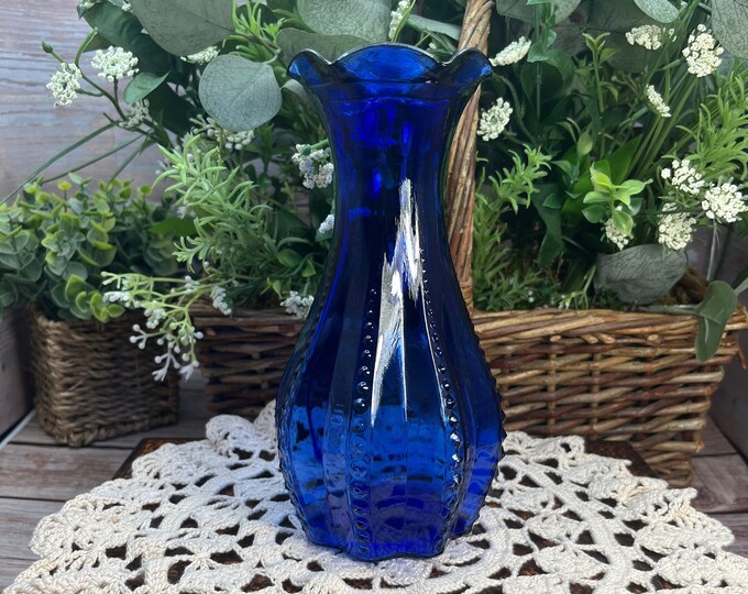 Vintage Cobalt Blue Glass Fluted Hobnail Vase, Hobnail Ruffled Rim Bud ...