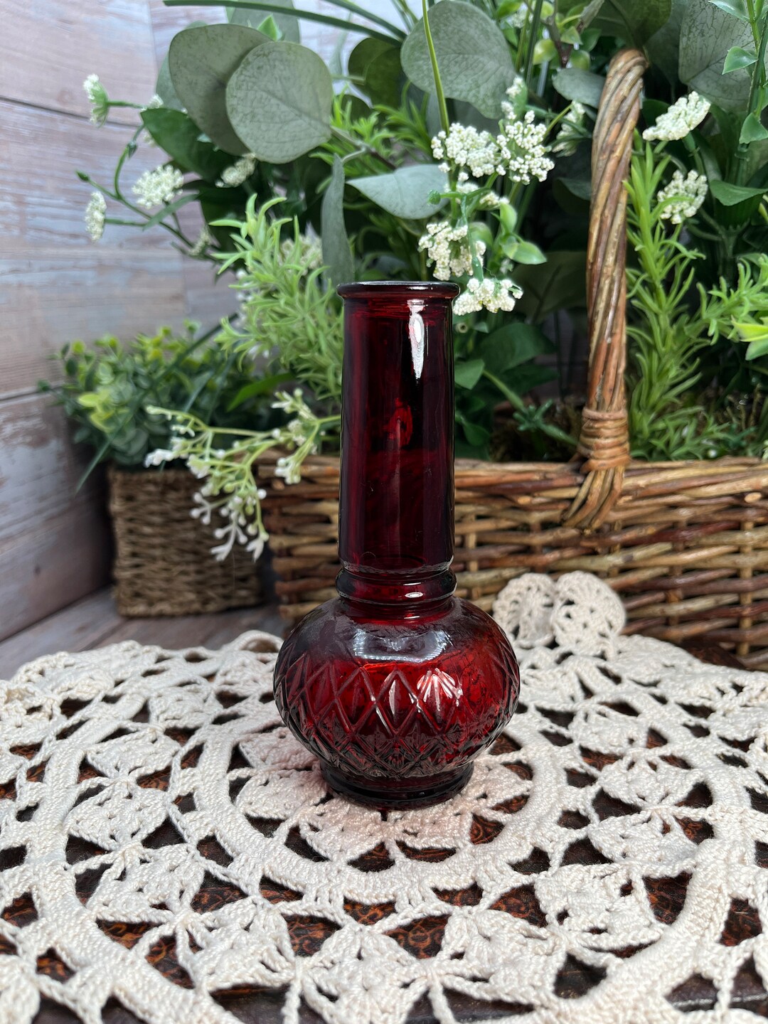Vintage Avon Red Glass Bottle, Ruby Red Bud Flower Vase, Fat Bottom ...