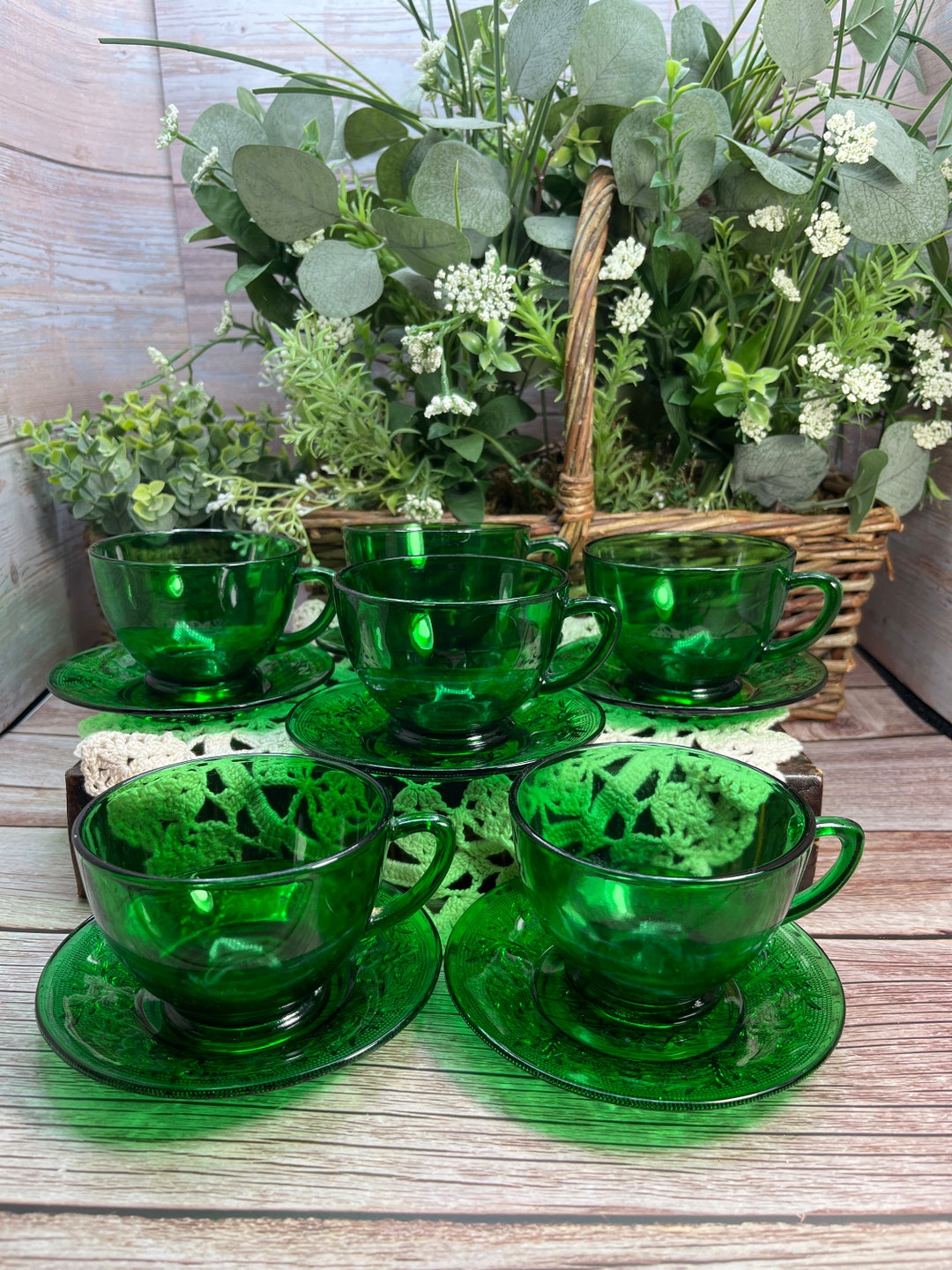 Vintage Emerald Forest Green Glass Punch Coffee Cups With Sandwich ...