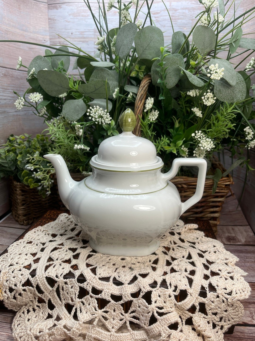 Vintage Minimalist Bavarian Teapot, Green White Teapot, Cottage Style ...