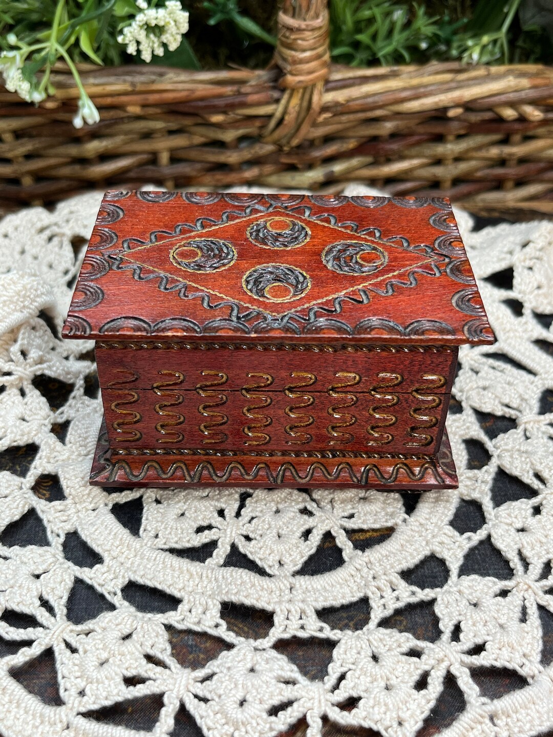 Vintage Polish Hand Carved Wood Trinket Jewelry Box Crescent Moon ...