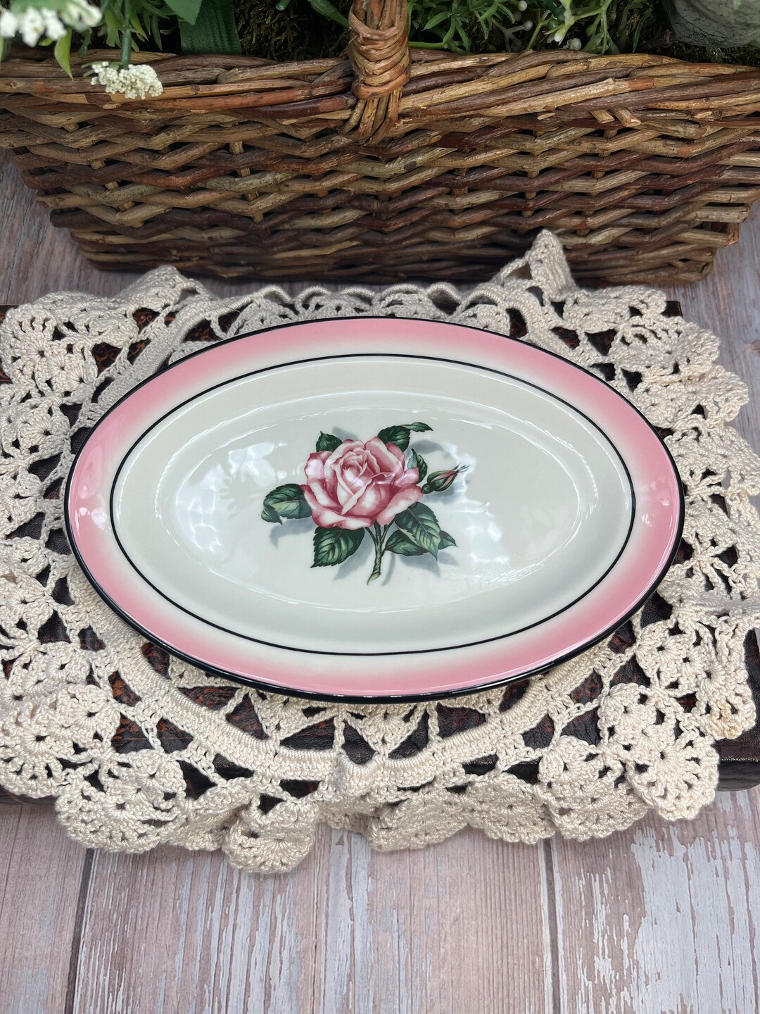 Mayer China Pink Rose Pink Black Border Oval Plate 6 1/2 D. Restaurant ...