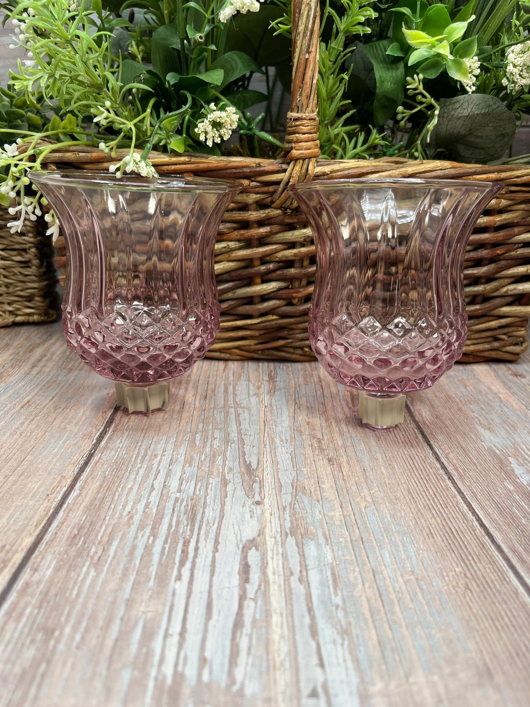 Set of Two 2 Pale Pink Glass Peg Candle Votives Holders, Diamond Butt ...