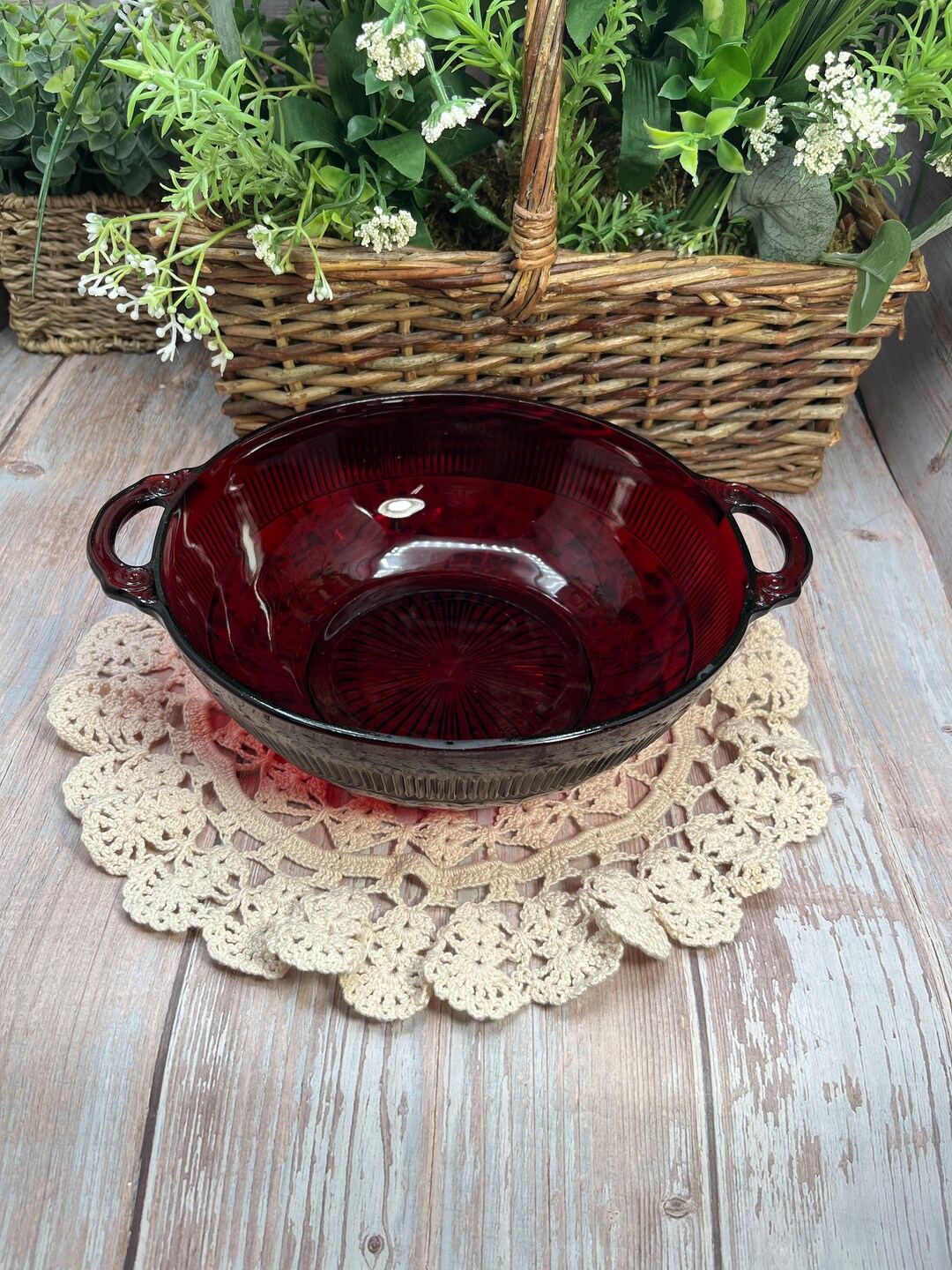 Anchor Hocking Glass Co Royal Ruby Coronation Pattern Two Handled 9 1/2 ...