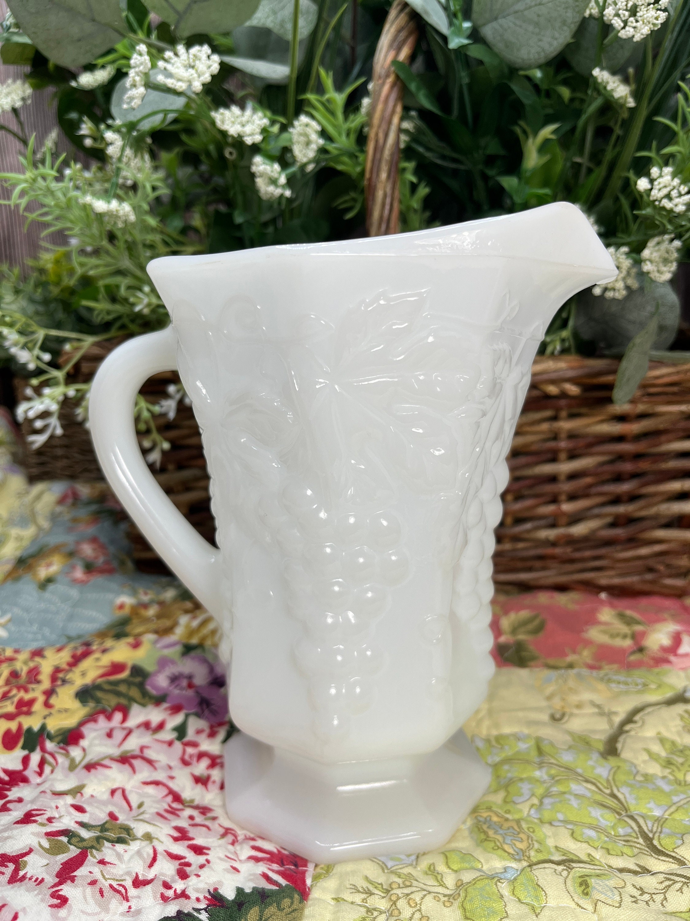 Vintage Milk Glass Pitcher 20 Oz, Grapes and Leaf Design, Anchor ...