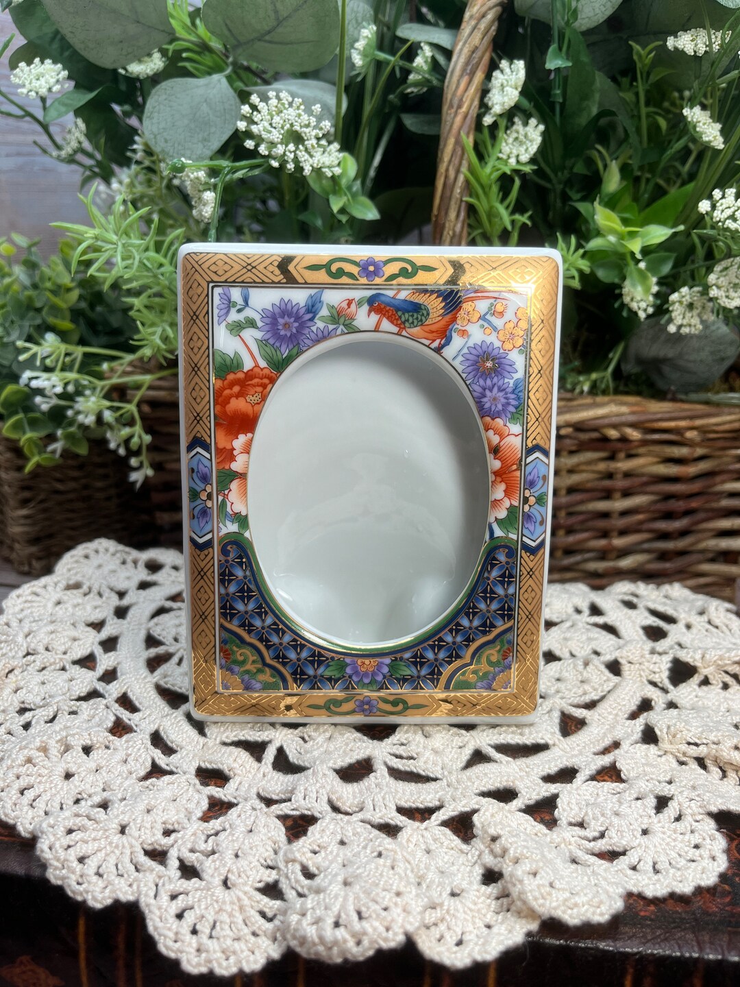 Vintage Asian Porcelain Frame, Oval Frame 2.5 X 3.5 Photo Frame ...
