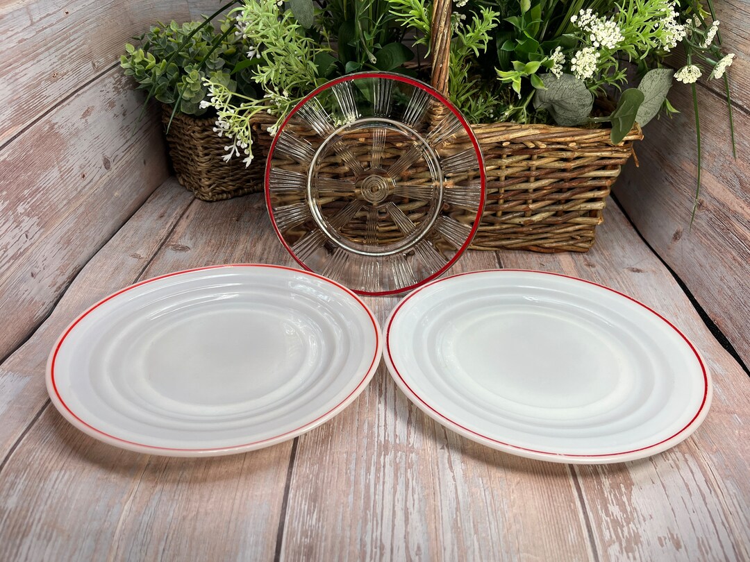 RARE Set of 3 Vintage Red Trim Plates, 2 Hazel Atlas Platonite ...