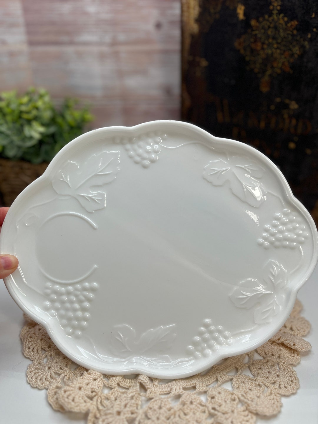 Set of 4 Vintage Milk Glass Snack Plates, Grape and Leaf Design, Milk ...