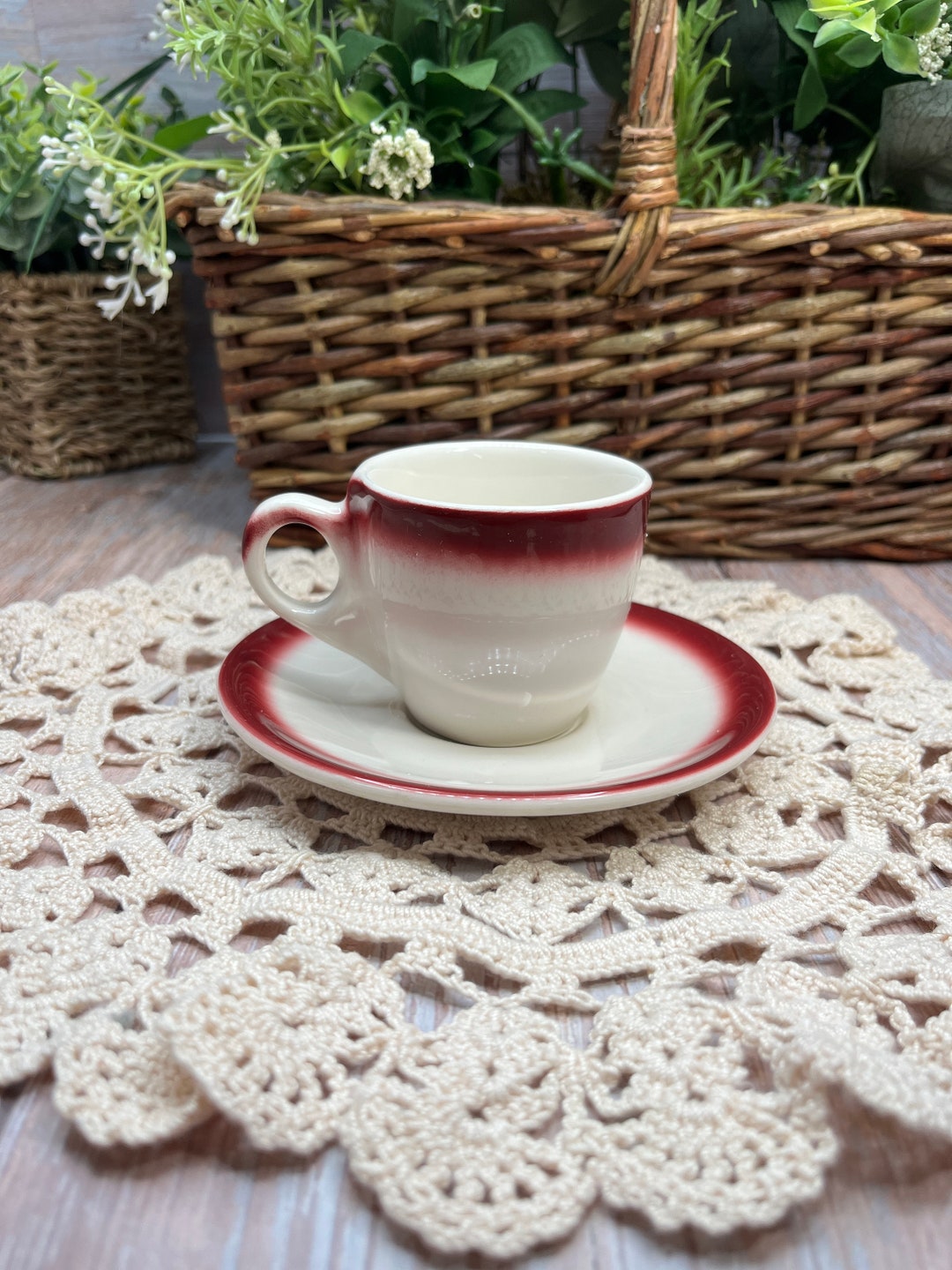 Vintage Midcentury Buffalo China Maroon Red Airbrush Coffee Cups and ...