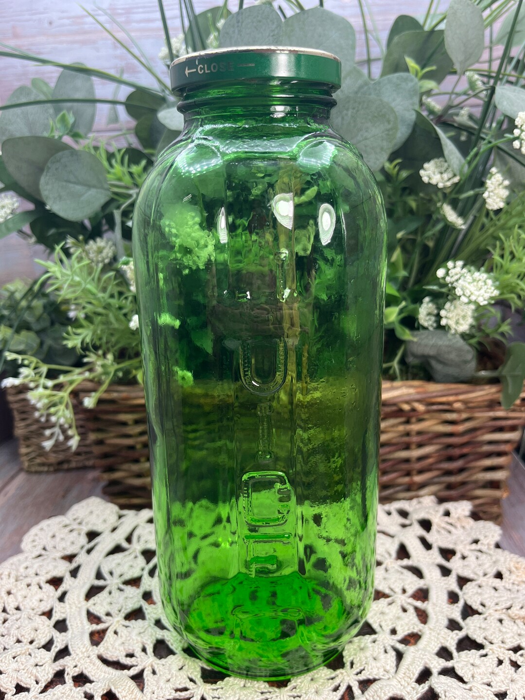 Vintage Green Glass Anchor Hocking Juice / Water Bottle With Vintage ...