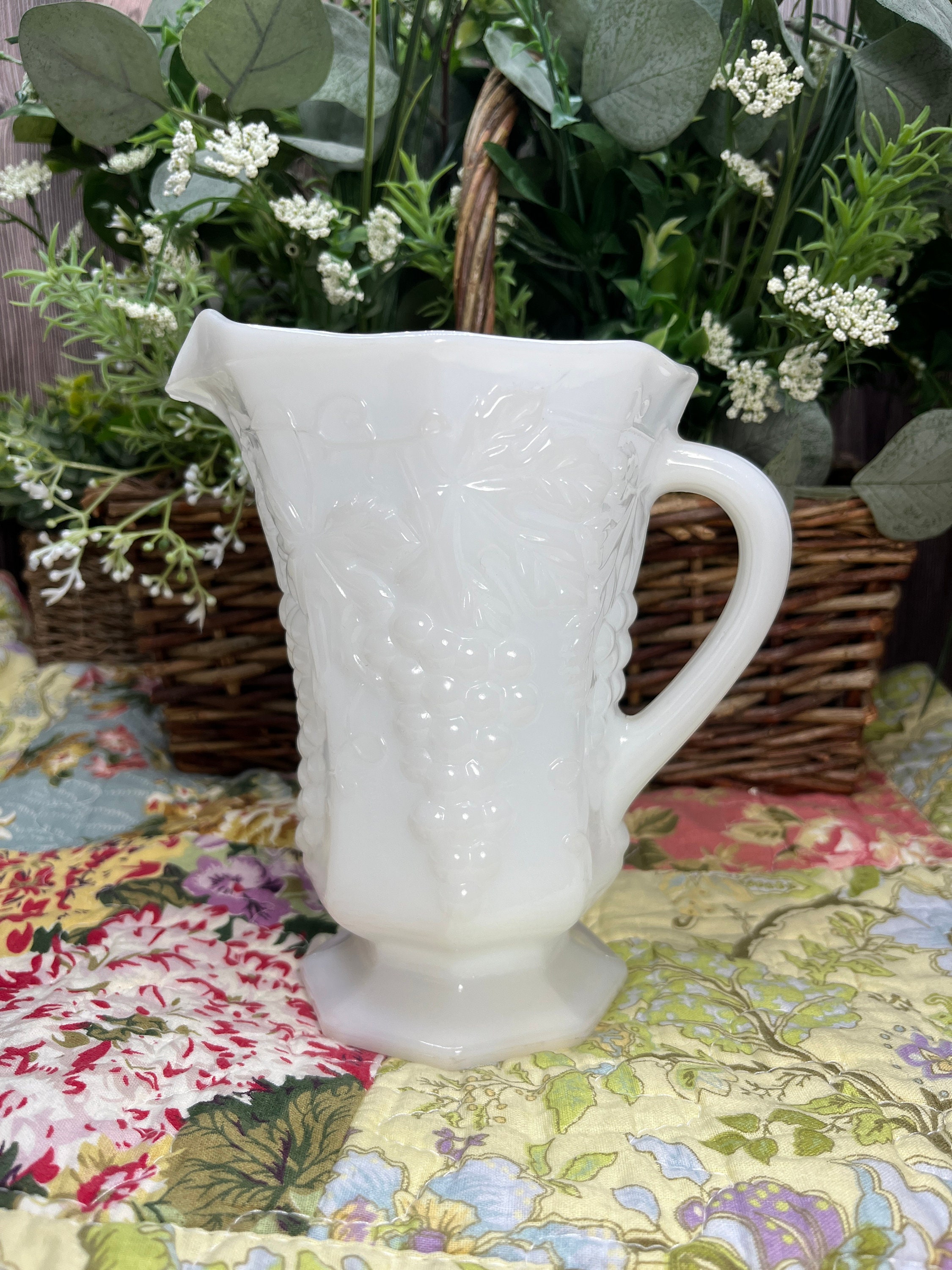 Vintage Milk Glass Pitcher 20 Oz, Grapes and Leaf Design, Anchor ...