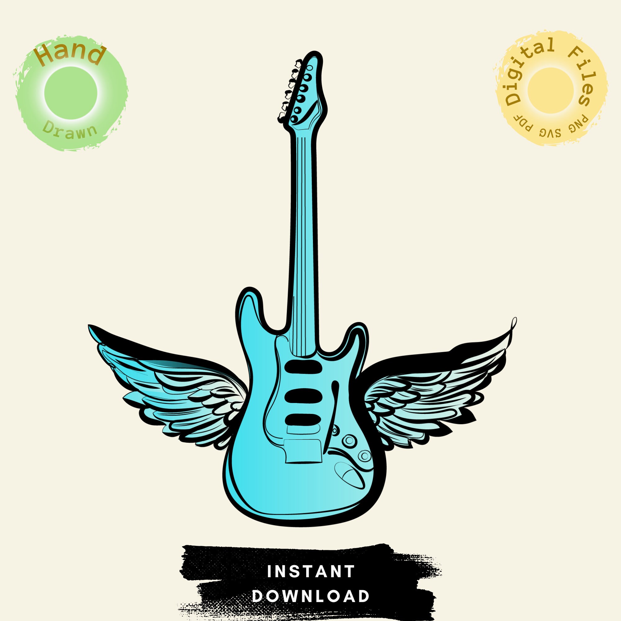 Winged Guitar Art Instant Download Music Decor Hand-drawn Blue Electric ...