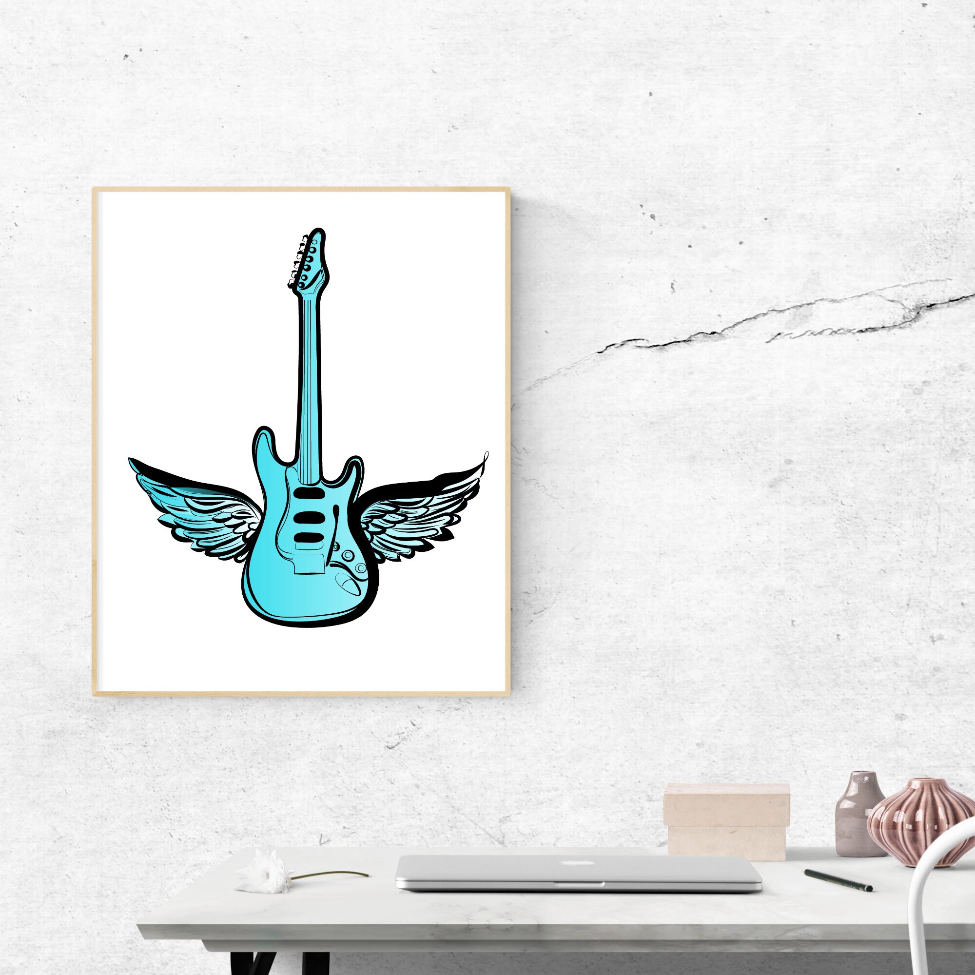Winged Guitar Art Instant Download Music Decor Hand-drawn Blue Electric ...