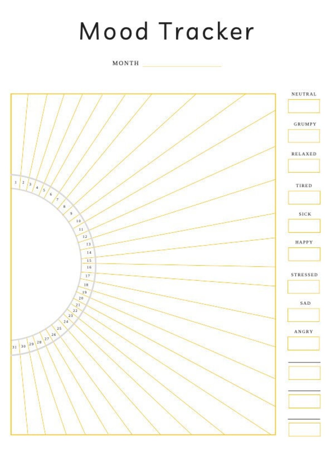 Mood Tracker PDF - Sun Emotion Planner - Monthly Journal - Sun Ray ...